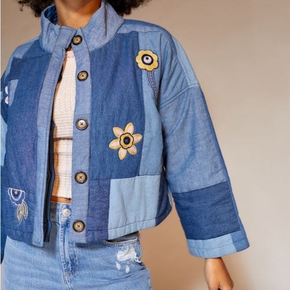 Denim Patchwork Puffer Jacket - Gem